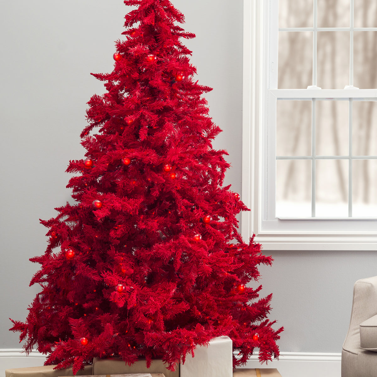 Prelit Ruby Red Christmas Tree with Small & Large Lights – Perfect Holiday